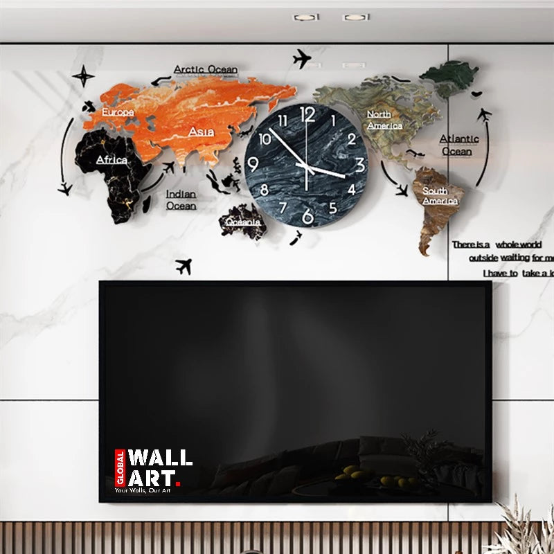 Marble Texture World Map Acrylic Wall Clock - Global Wall Art